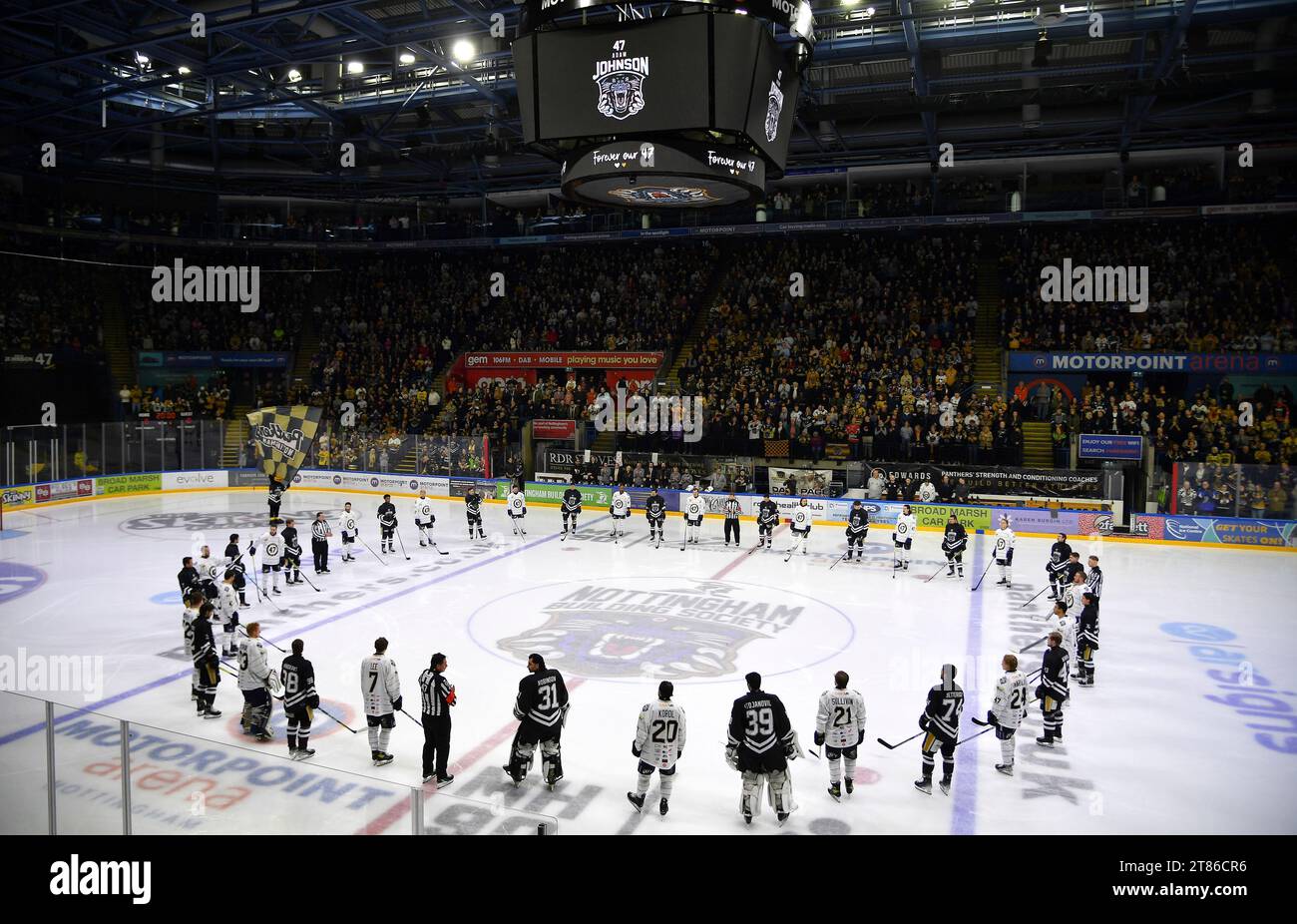 Players pay tribute before the Ice Hockey Adam Johnson memorial game ...