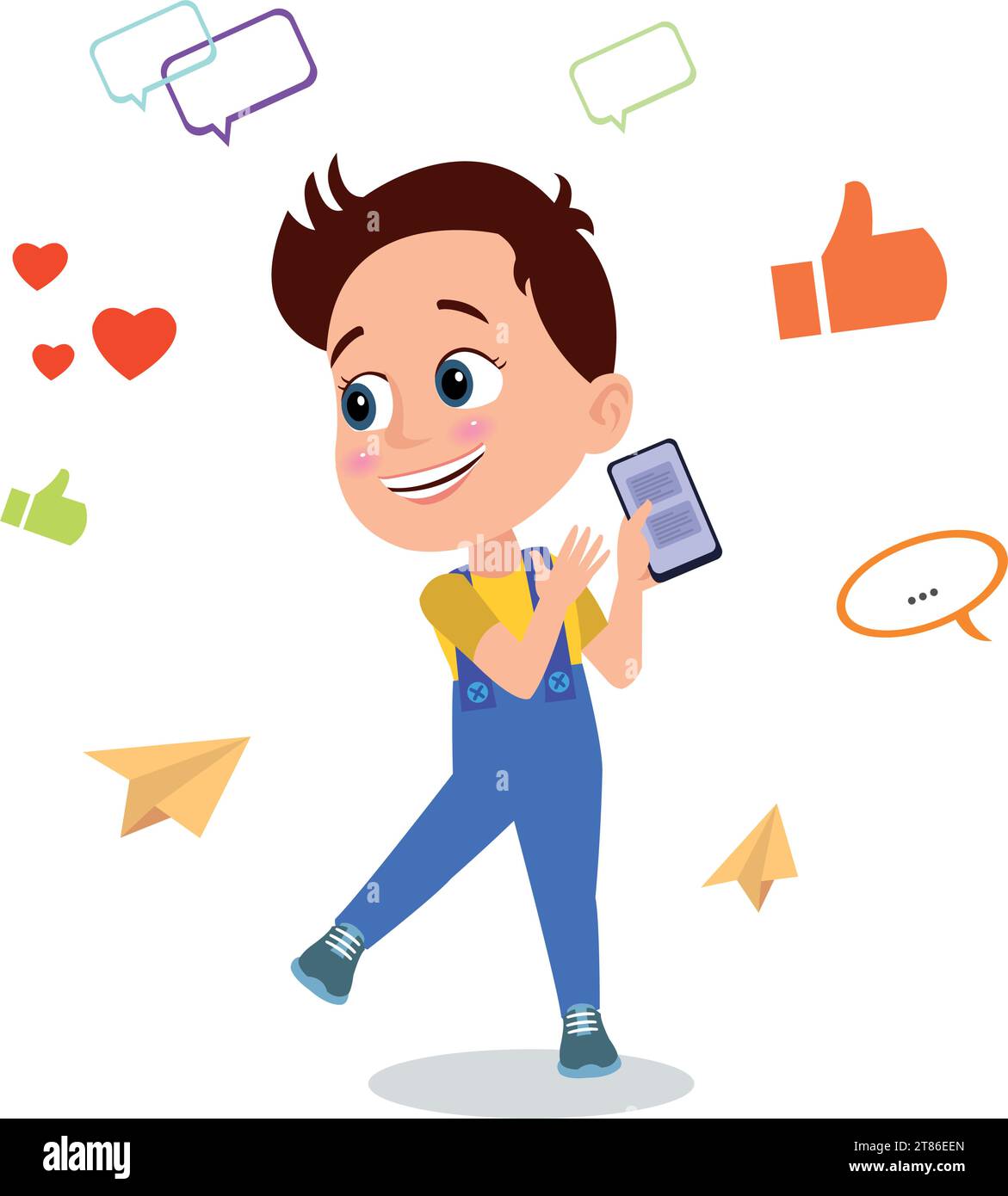 Cute boy with smartphone and speech bubbles. Vector cartoon ...