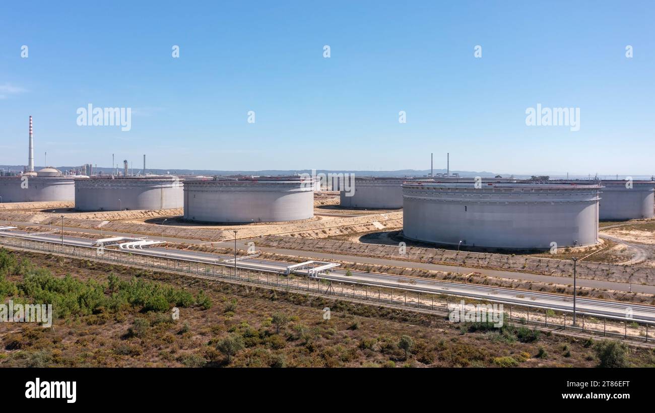 Portugal Sines oil terminal storage tanks, aerial view, oil and gas ...