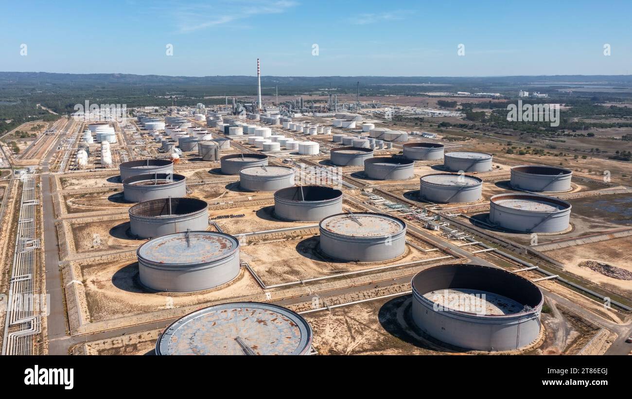 Portugal Sines oil terminal storage tanks, aerial view, oil and gas ...