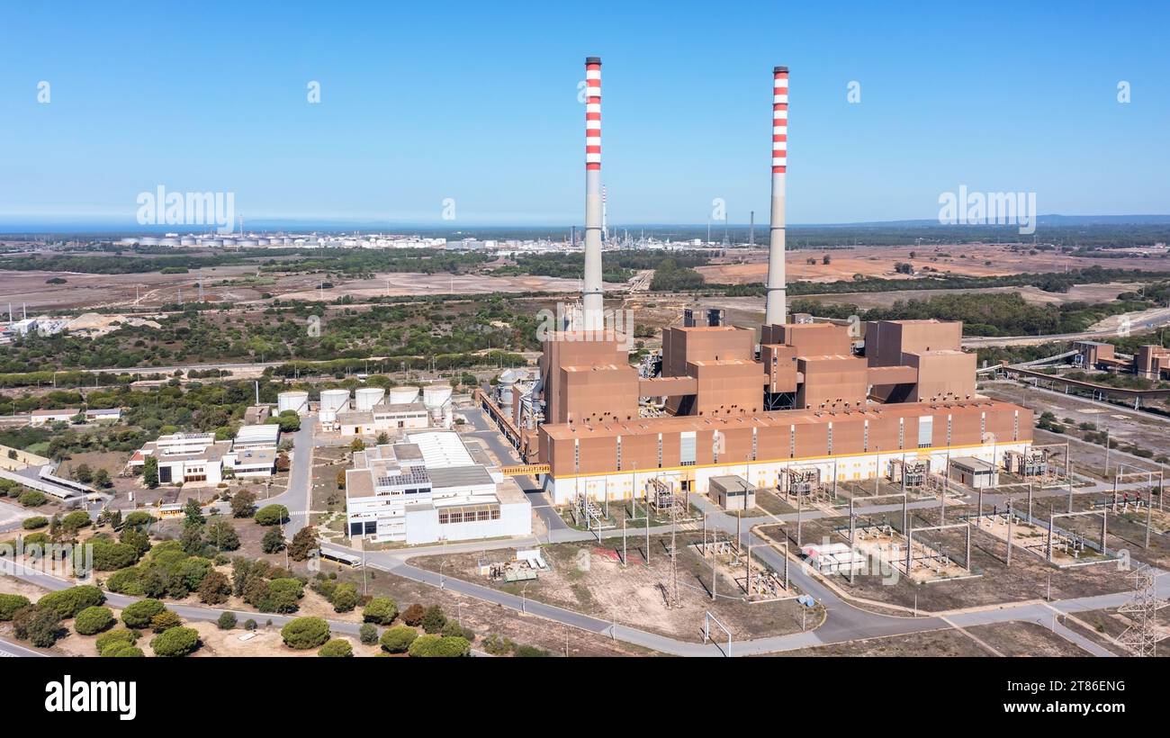 Aerial view of a coal-fired power plant in the city of Sines, in ...