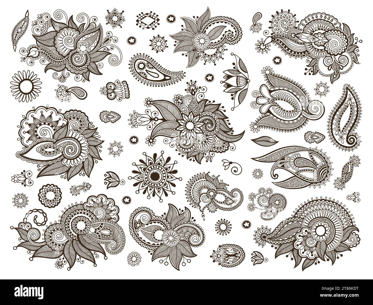 Collection of black linear images in Indian-style henna tattoos, vector ...