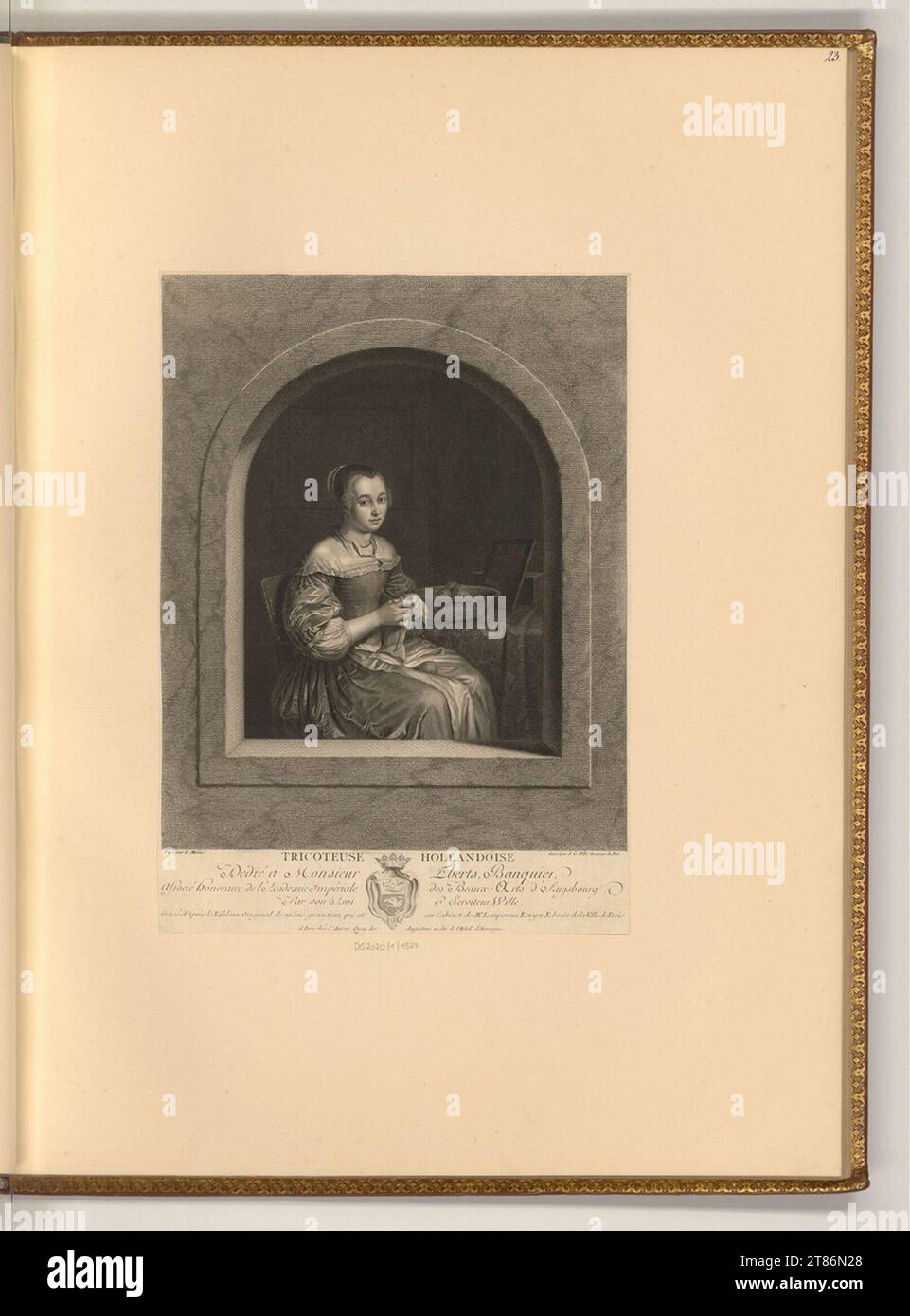 Johann Georg Wille (Engraver) Young woman knitting. Copper engraving ...