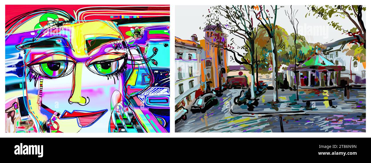 Two original digital paintings. Contemporary visual art. Interior decor ...