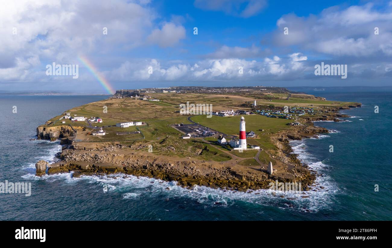 Aerial view of the coastline at Portland Bill with Portland Bill ...