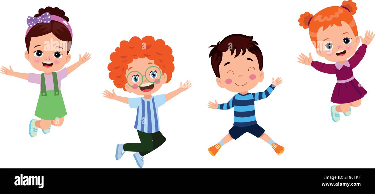 Jumping kids. Happy funny children playing and jumping in different action poses education ...