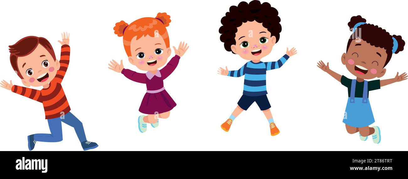 Jumping kids. Happy funny children playing and jumping in different ...