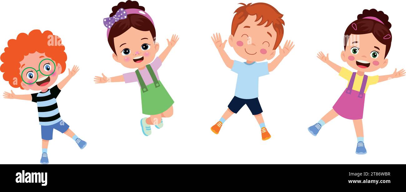 Jumping kids. Happy funny children playing and jumping in different ...
