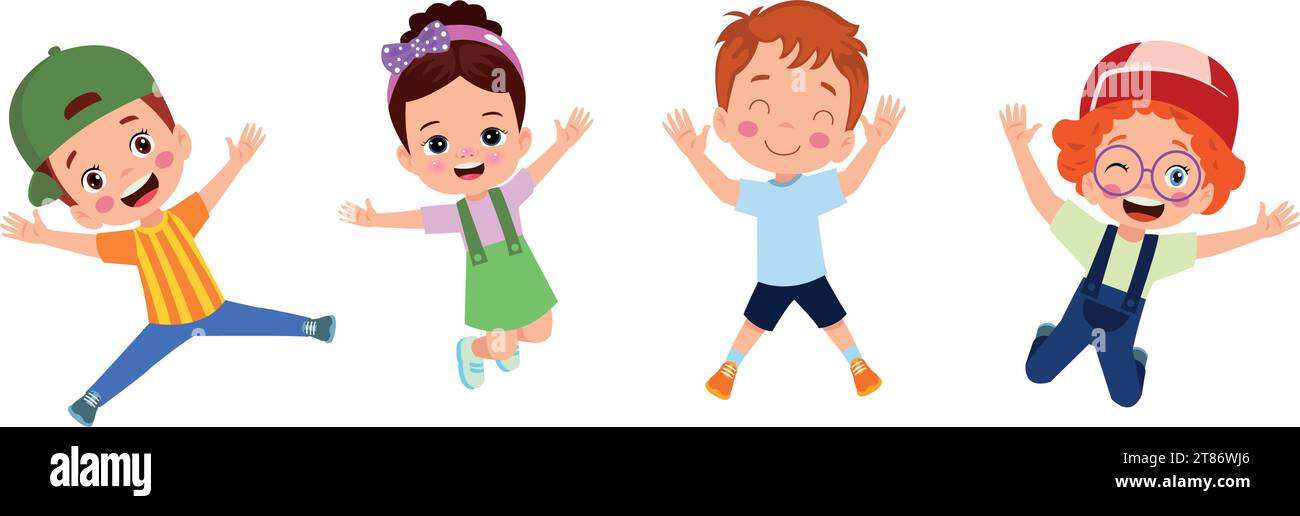 Jumping kids. Happy funny children playing and jumping in different action poses education ...