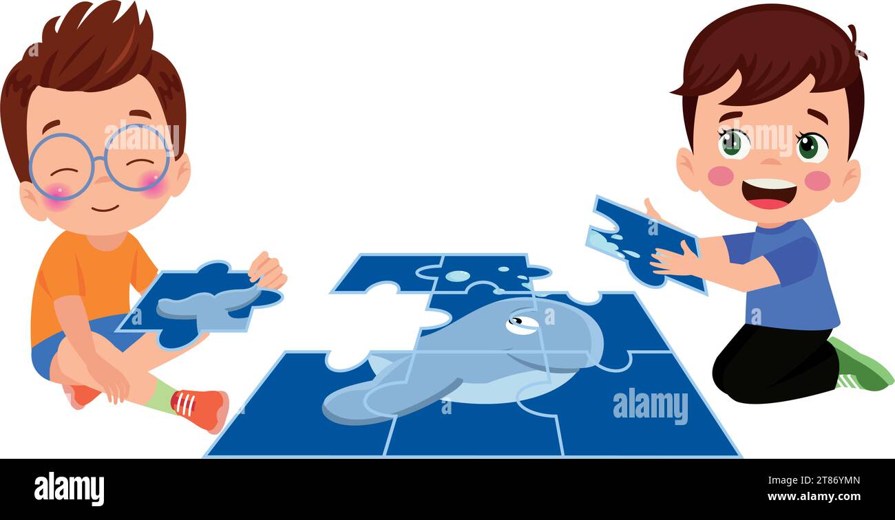 happy cute little kid play jigsaw puzzle Stock Vector Image & Art - Alamy
