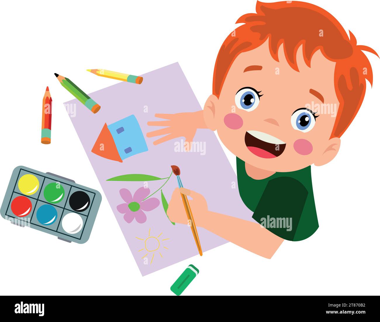 cute boy painting with watercolors and colored pencils Stock Vector ...