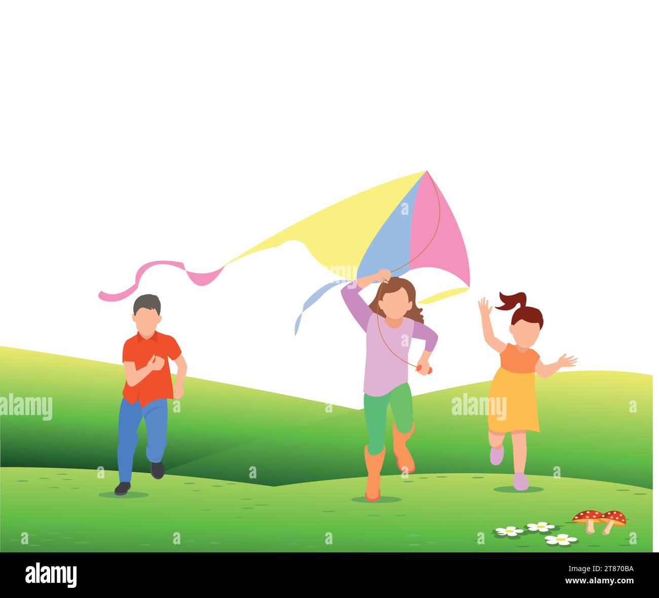Kids playing kites. Vector illustration of children flying kites on the ...