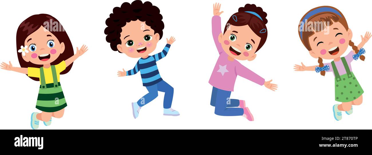 Jumping kids. Happy funny children playing and jumping in different ...