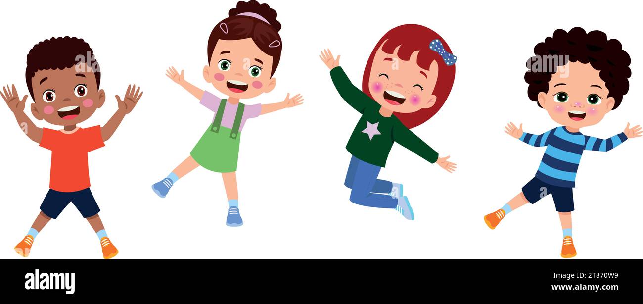 Jumping kids. Happy funny children playing and jumping in different ...