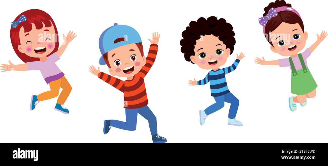 Jumping kids. Happy funny children playing and jumping in different ...