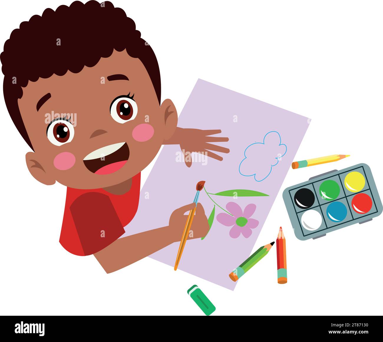 cute boy painting with watercolors and colored pencils Stock Vector ...
