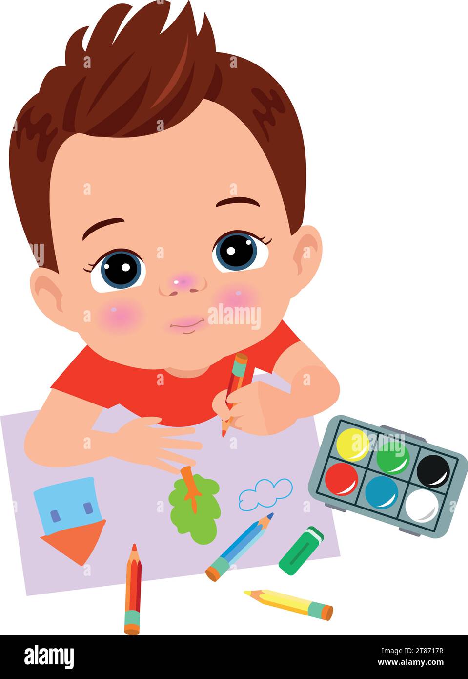 cute boy painting with watercolors and colored pencils Stock Vector ...
