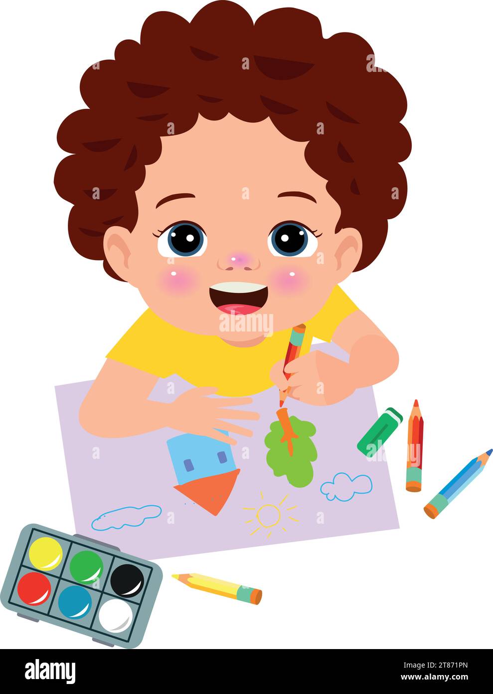 cute boy painting with watercolors and colored pencils Stock Vector ...
