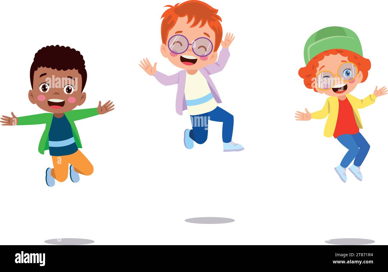 Jumping kids. Happy funny children playing and jumping in different action poses education ...