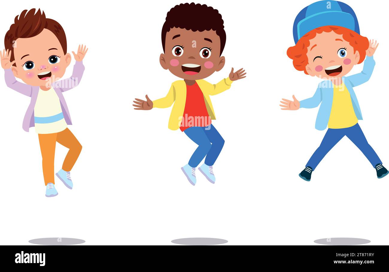 Jumping kids. Happy funny children playing and jumping in different ...