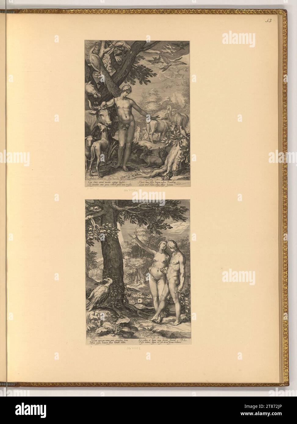 Jan Pietersz. Saenredam (Engraver) Adam names the animals; Adam and Eva. Copper engraving print ...