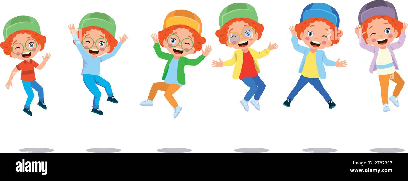 Jumping kids. Happy funny children playing and jumping in different ...