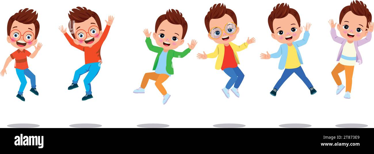 Jumping kids. Happy funny children playing and jumping in different action poses education ...