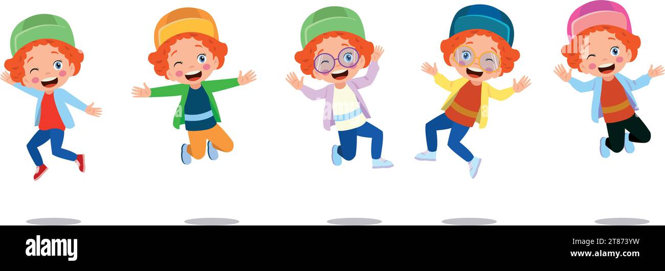 Jumping kids. Happy funny children playing and jumping in different ...
