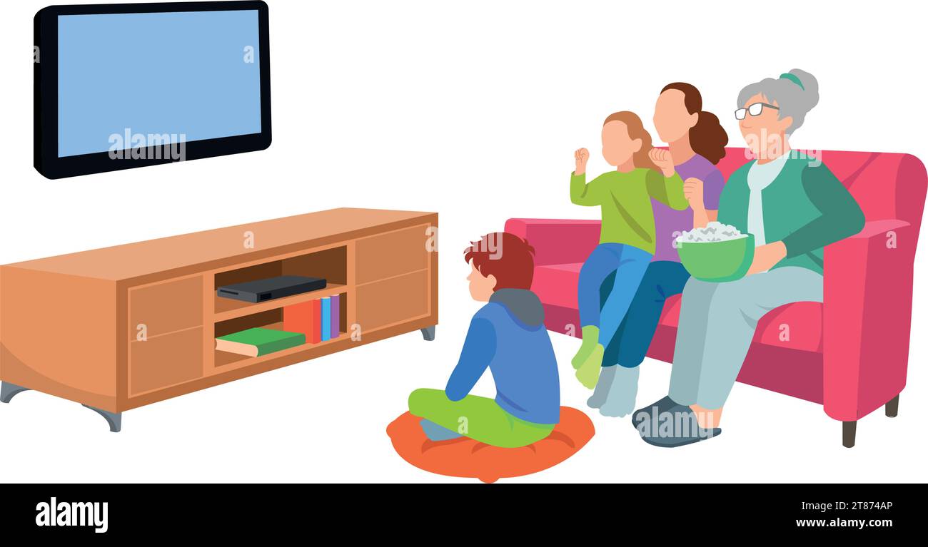 Happy family watching television together in living room. Family ...