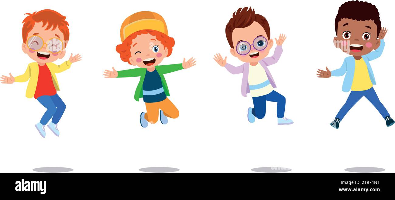 Jumping kids. Happy funny children playing and jumping in different action poses education ...