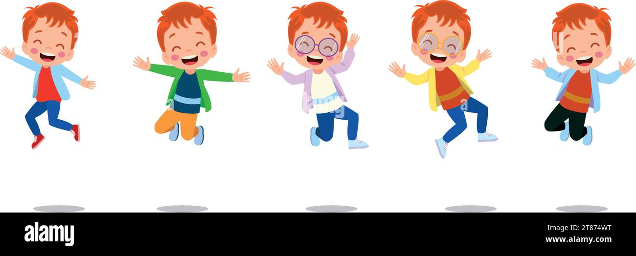 Jumping kids. Happy funny children playing and jumping in different ...