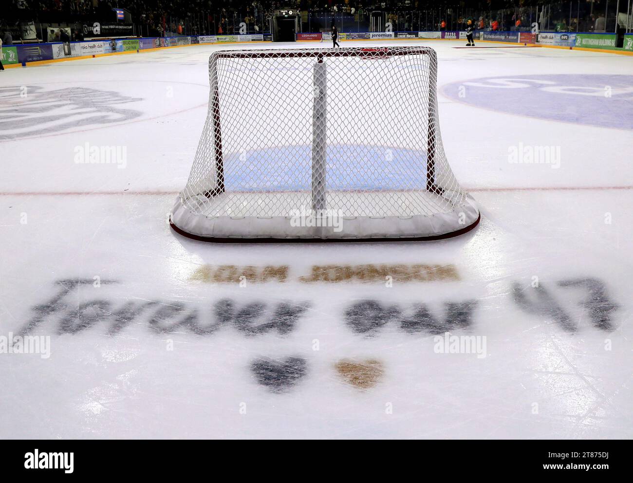 A general view of a Forever Our 47 slogan on the ice to honour ...
