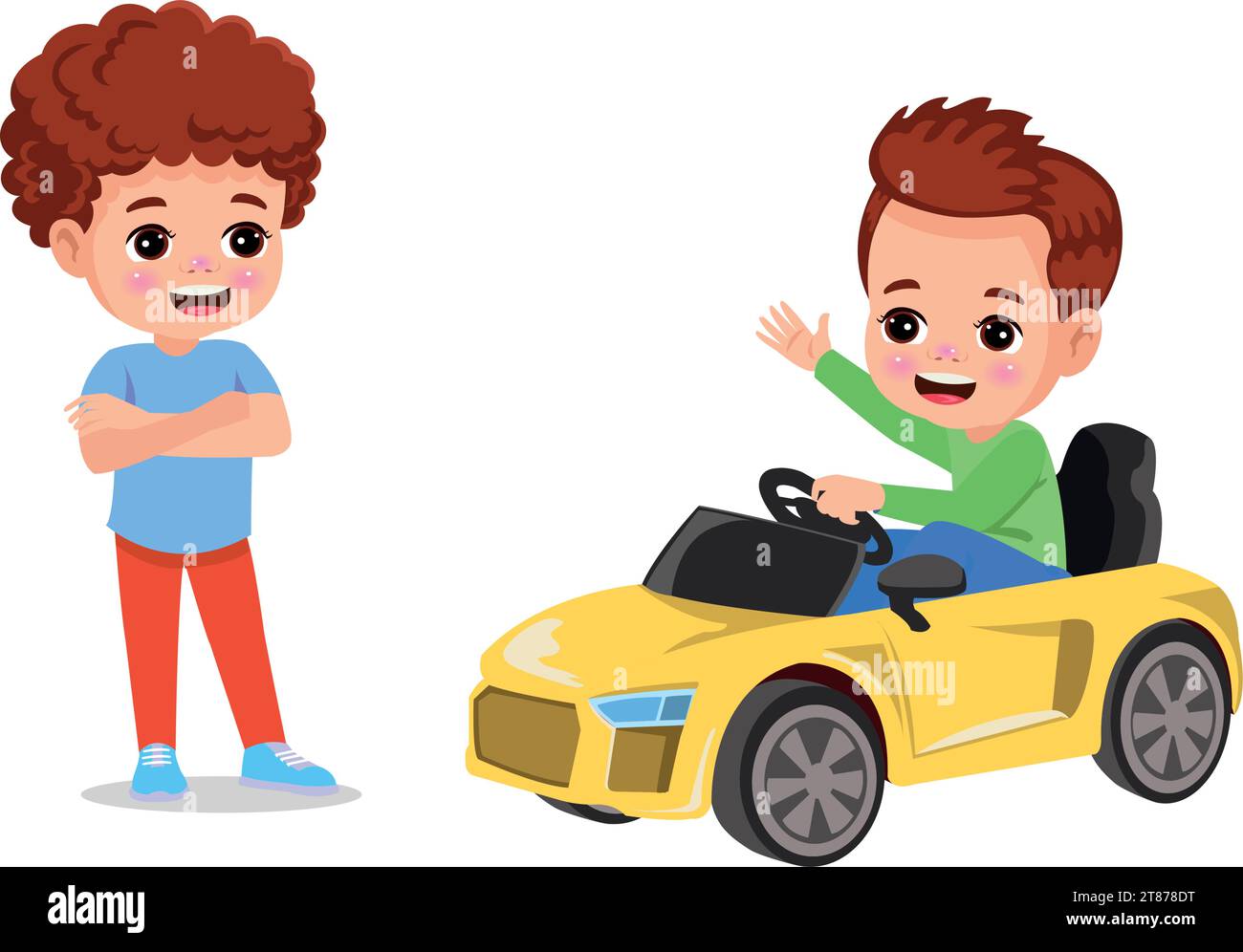 Cute boy driving a toy electric car vector cartoon illustration ...