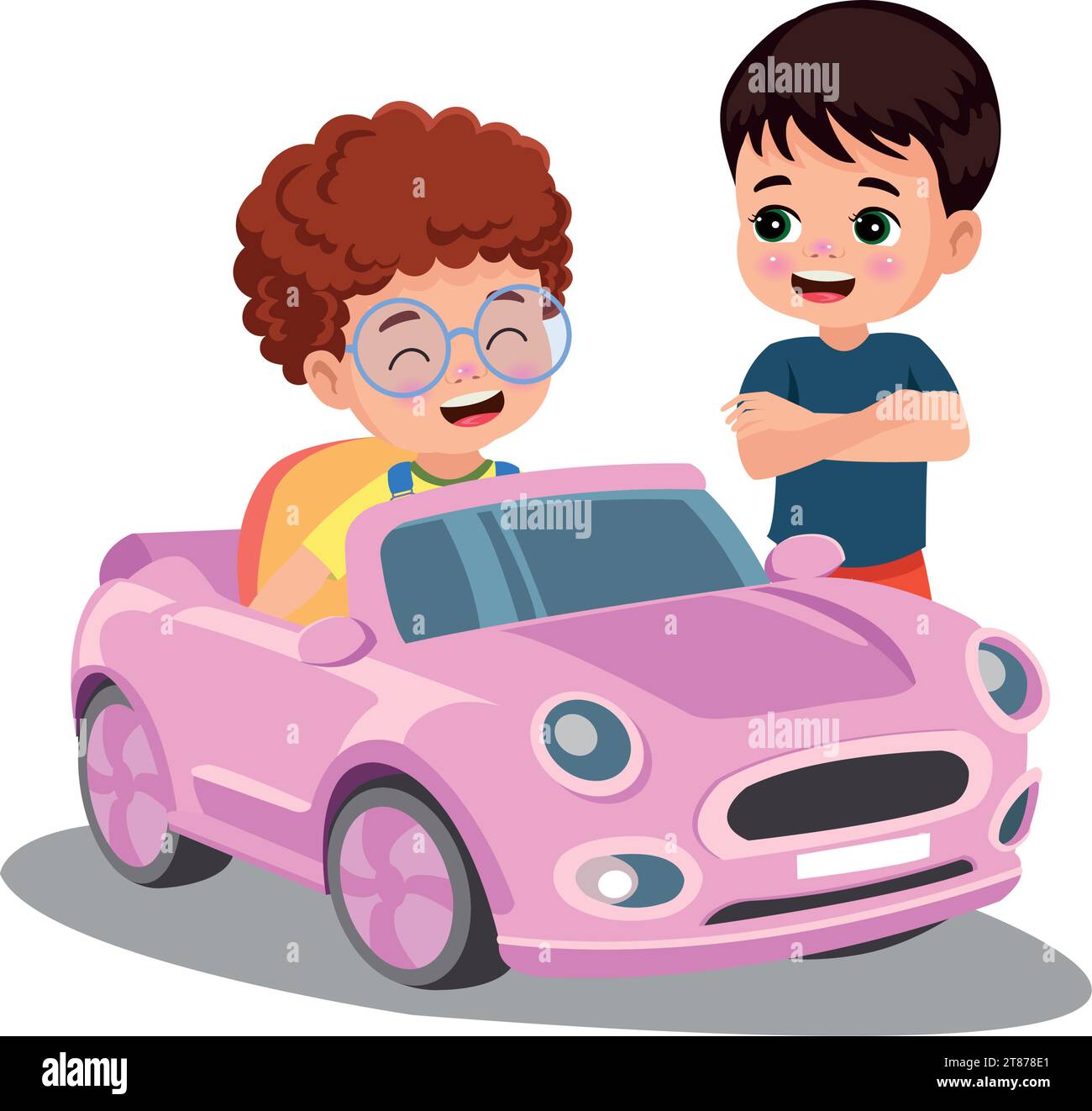 Cute boy driving a toy electric car vector cartoon illustration ...