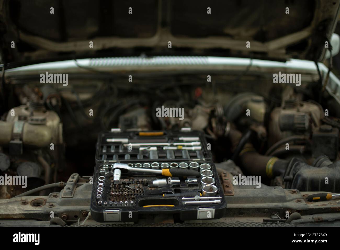 Tool box in car. Nuts unscrewing keys. Engine repair. Machine Breaker ...