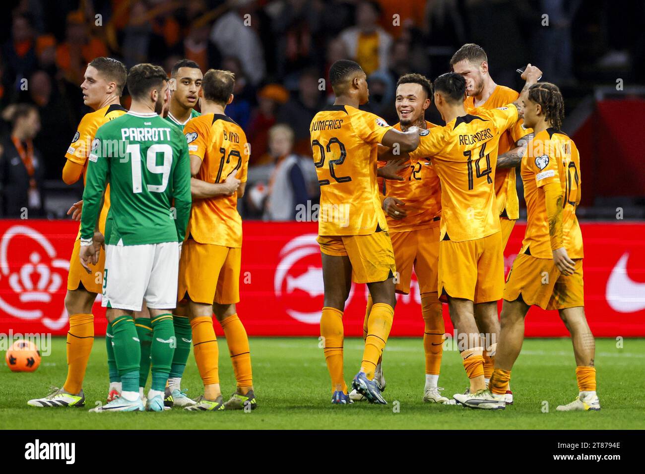 AMSTERDAM - Players of the Netherlands celebrate the victory during the ...