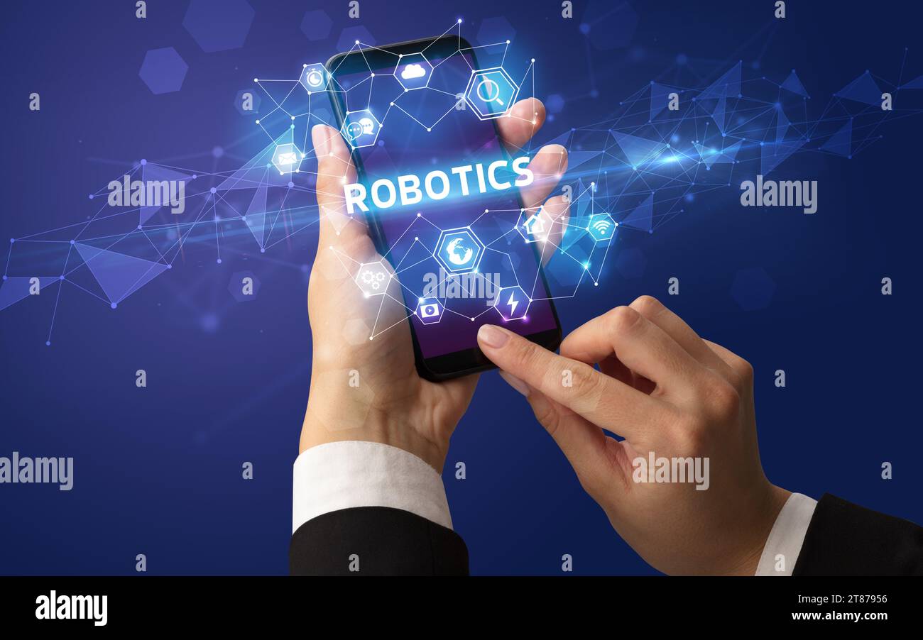 Hand using smartphone with technology concept Stock Photo - Alamy