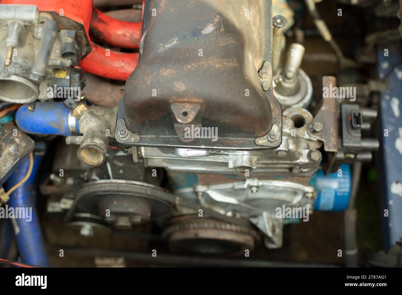 Inside car. Engine of machine. Under hood of vehicle Stock Photo - Alamy