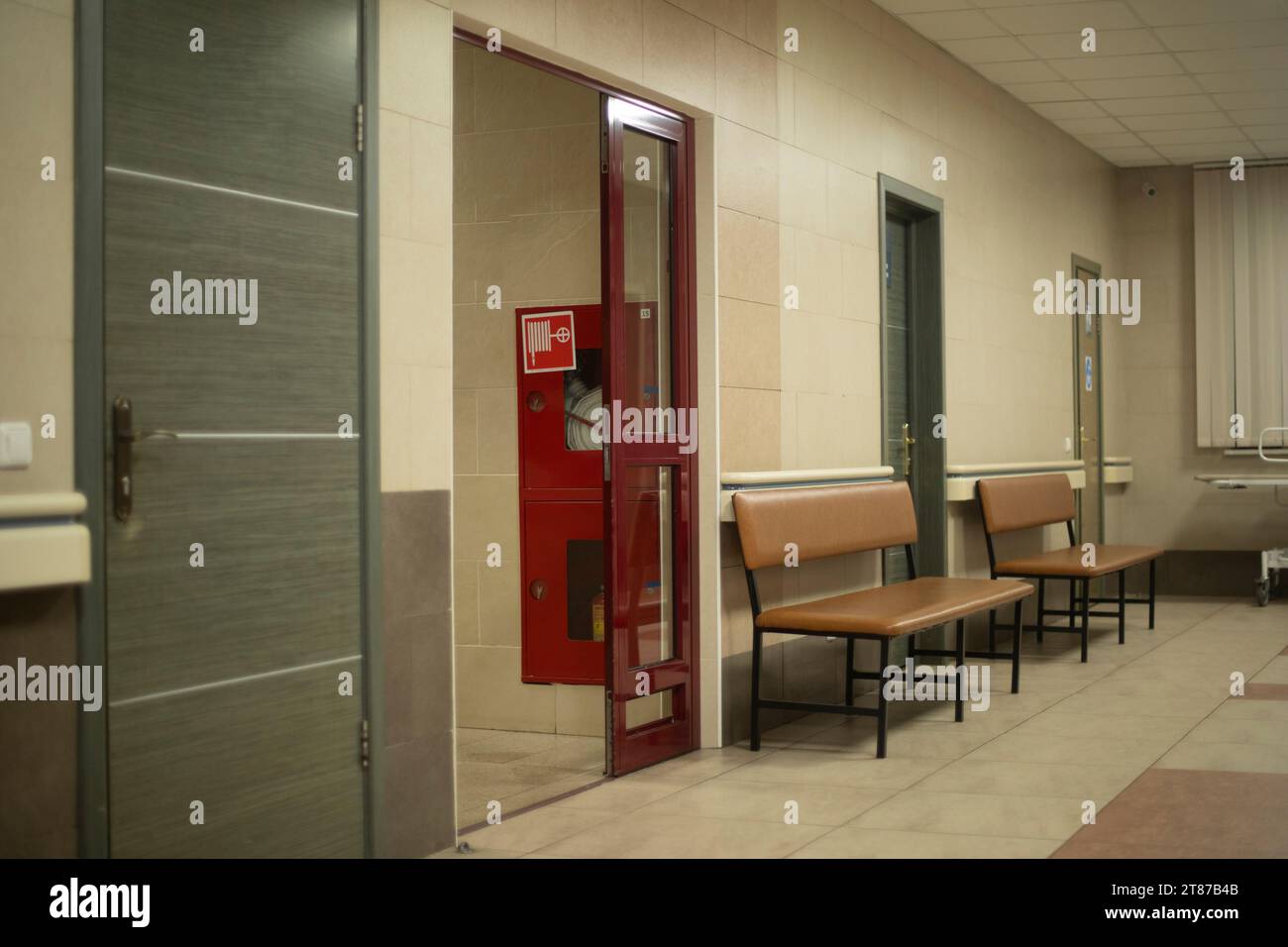Indoor bench. The interior of the hospital. Empty corridor. Hospital ...