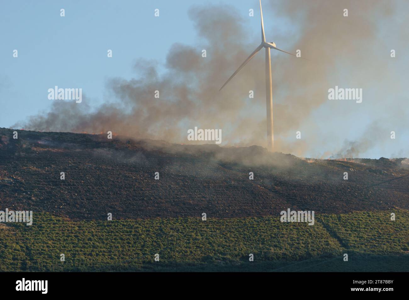Bush fire on top of a hill with smoke in the air besides wind turbines ...