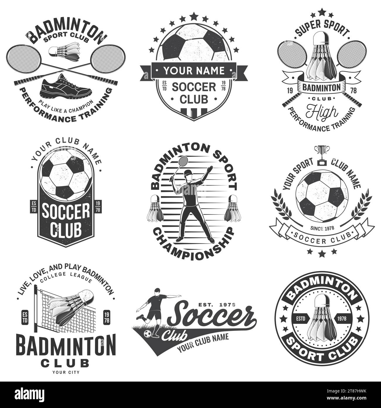 Set of badminton and soccer sport club badge design. Vector. Vintage ...