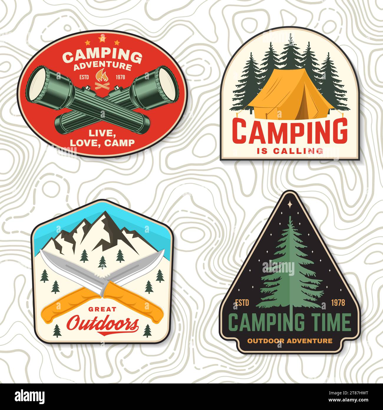 Set of camping patch, sticker. Outdoor adventure vector badge design ...