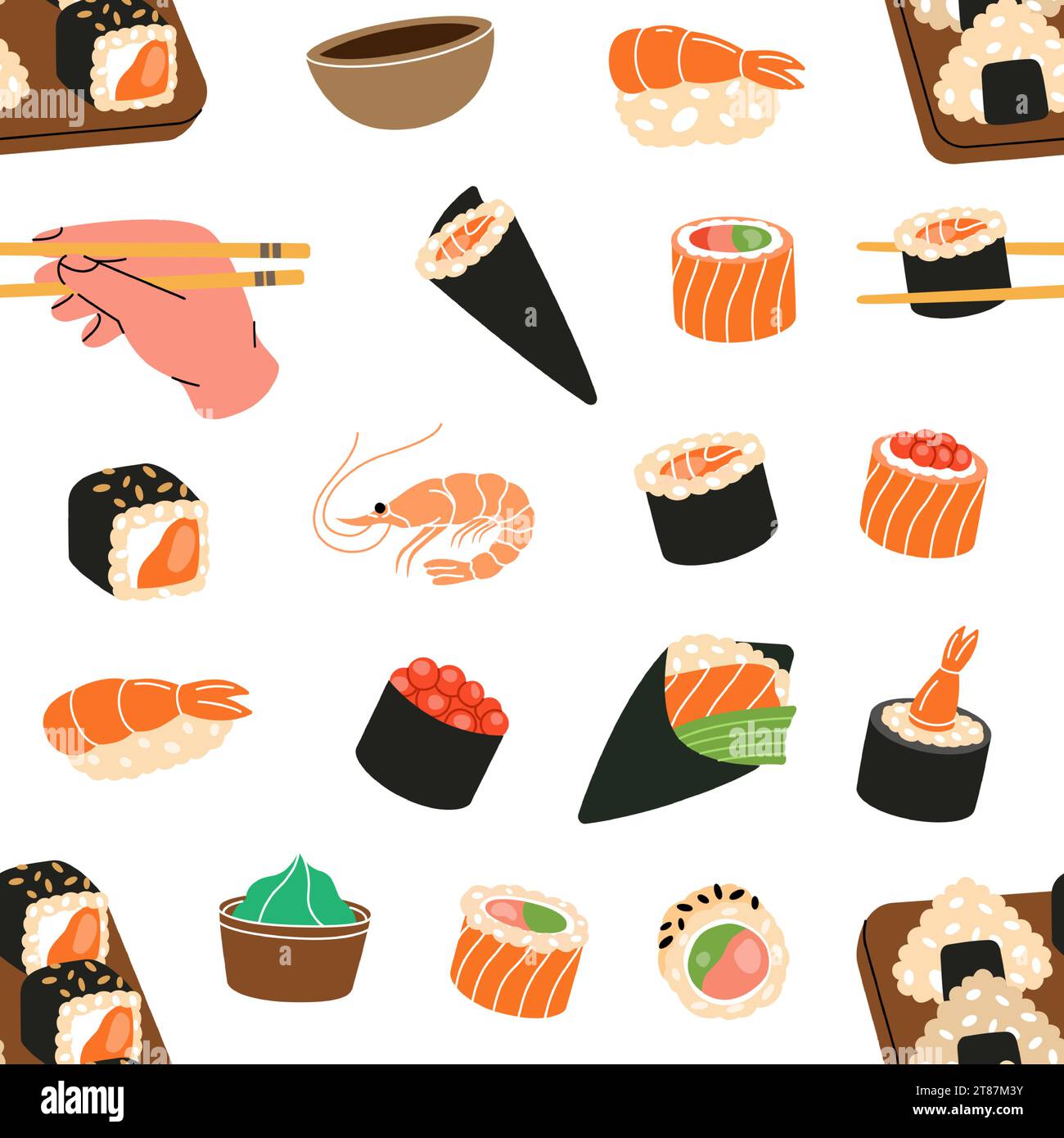 Sushi and rolls pattern. Sushi seamless background. Tobiko maki ...