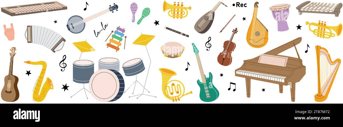 Musical instruments kit. Musical school set. Tuba, trumpet, drum flute ...