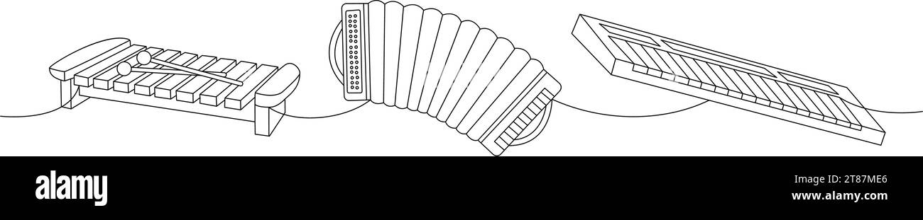 Set of musical instruments one line continuous drawing. Wooden ...