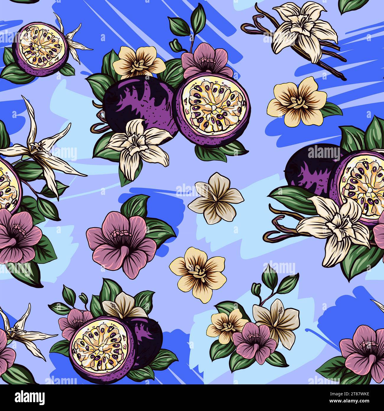 Hand drawn vector seamless pattern passion fruit with flowers and ...
