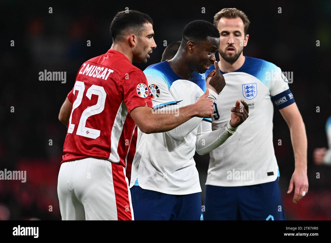 LONDON, ENGLAND - November 17: Zach Muscat of Malta and Harry Maguire ...