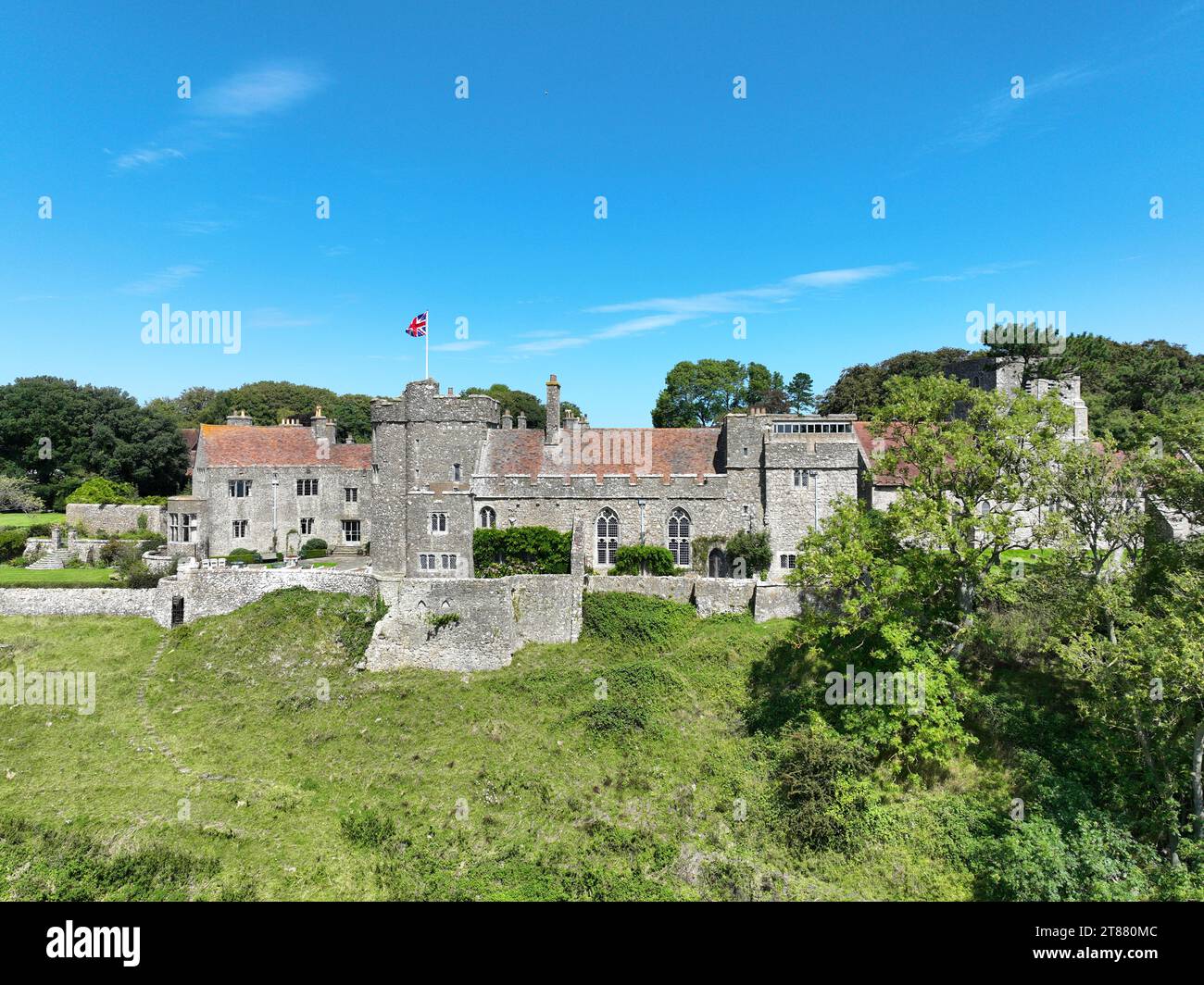 The medieval village of Lympne in Kent, UK, viewed from a drone. Many ...