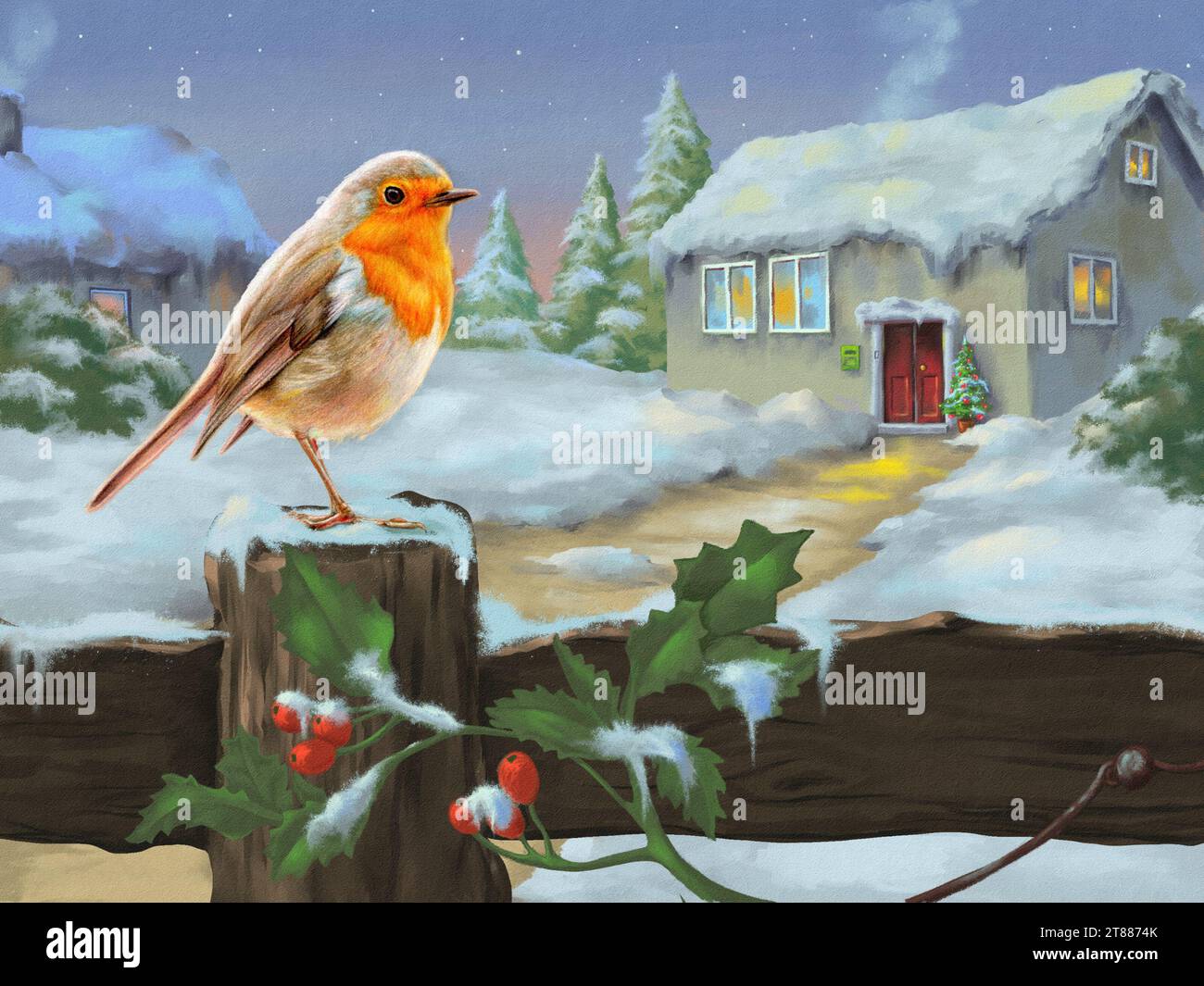 Snowy winter landscape with an european robin perched on a wood pole ...