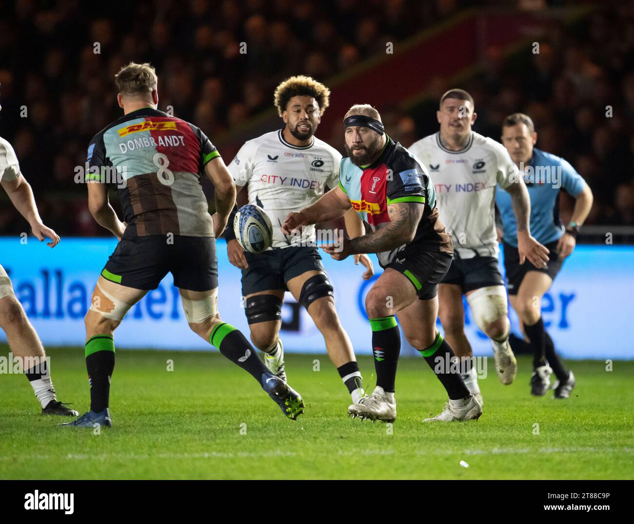 Harlequins' Joe Marler passes ball to Captain Alex Dombrandt during the ...